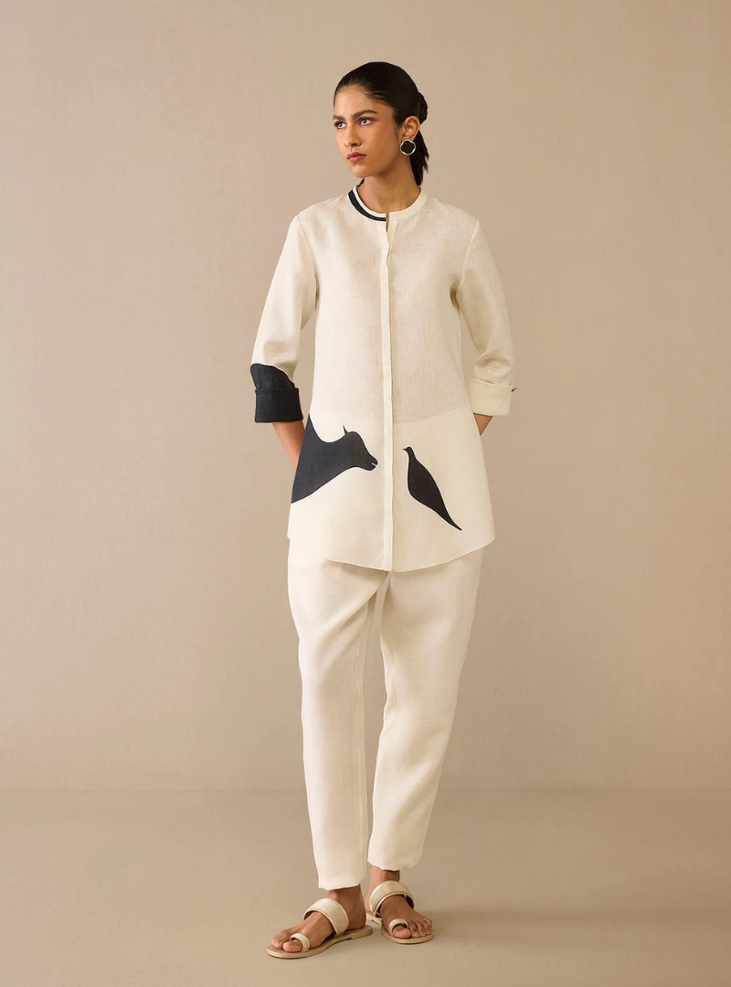 Serin Ivory Linen Shirt Set with Artistic Motifs – The Trendy Style